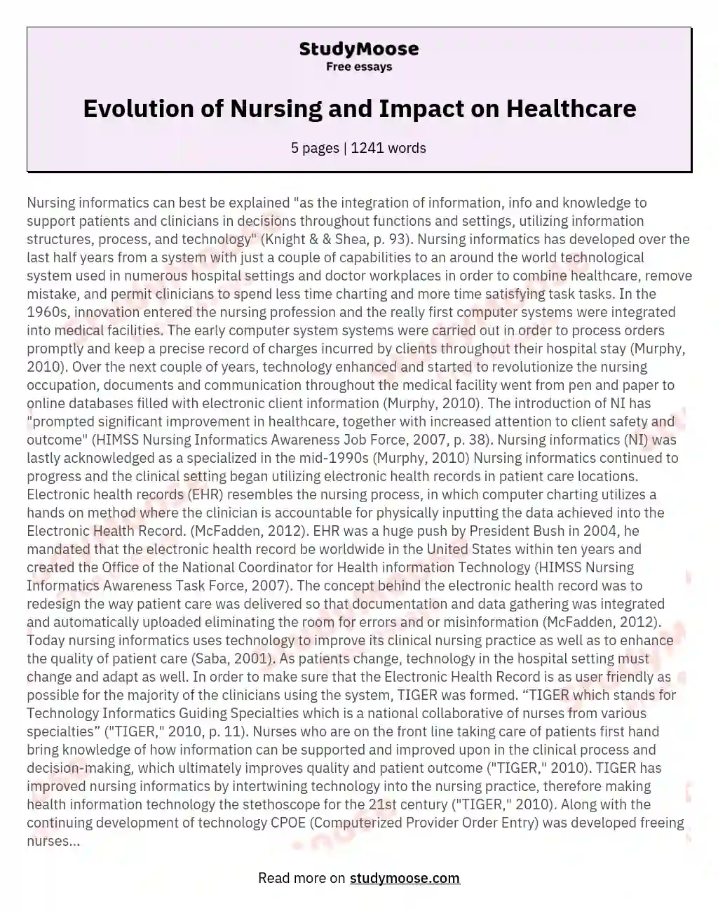 Nursing Informatics Free Essay Example