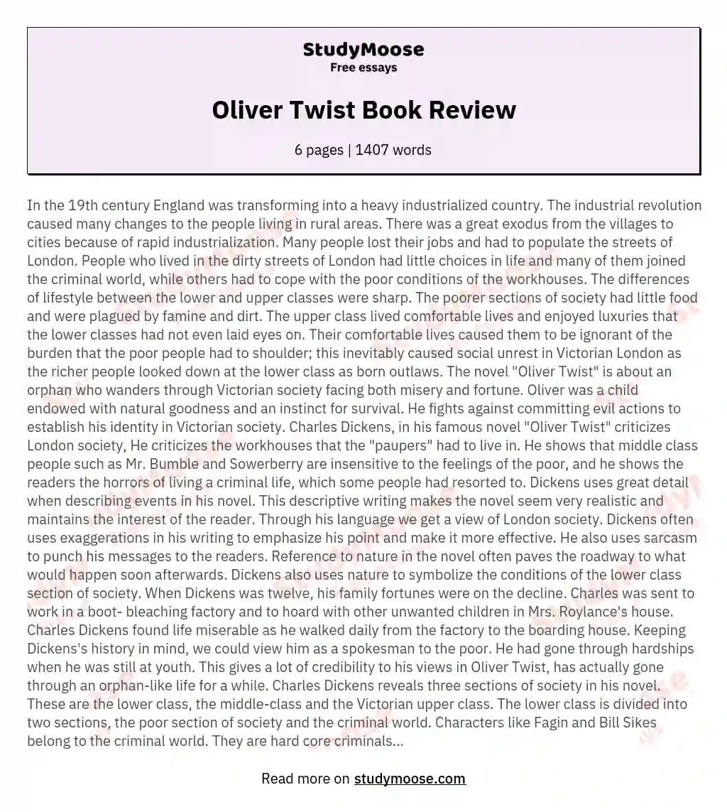 Oliver Twist Book Review Free Essay Example