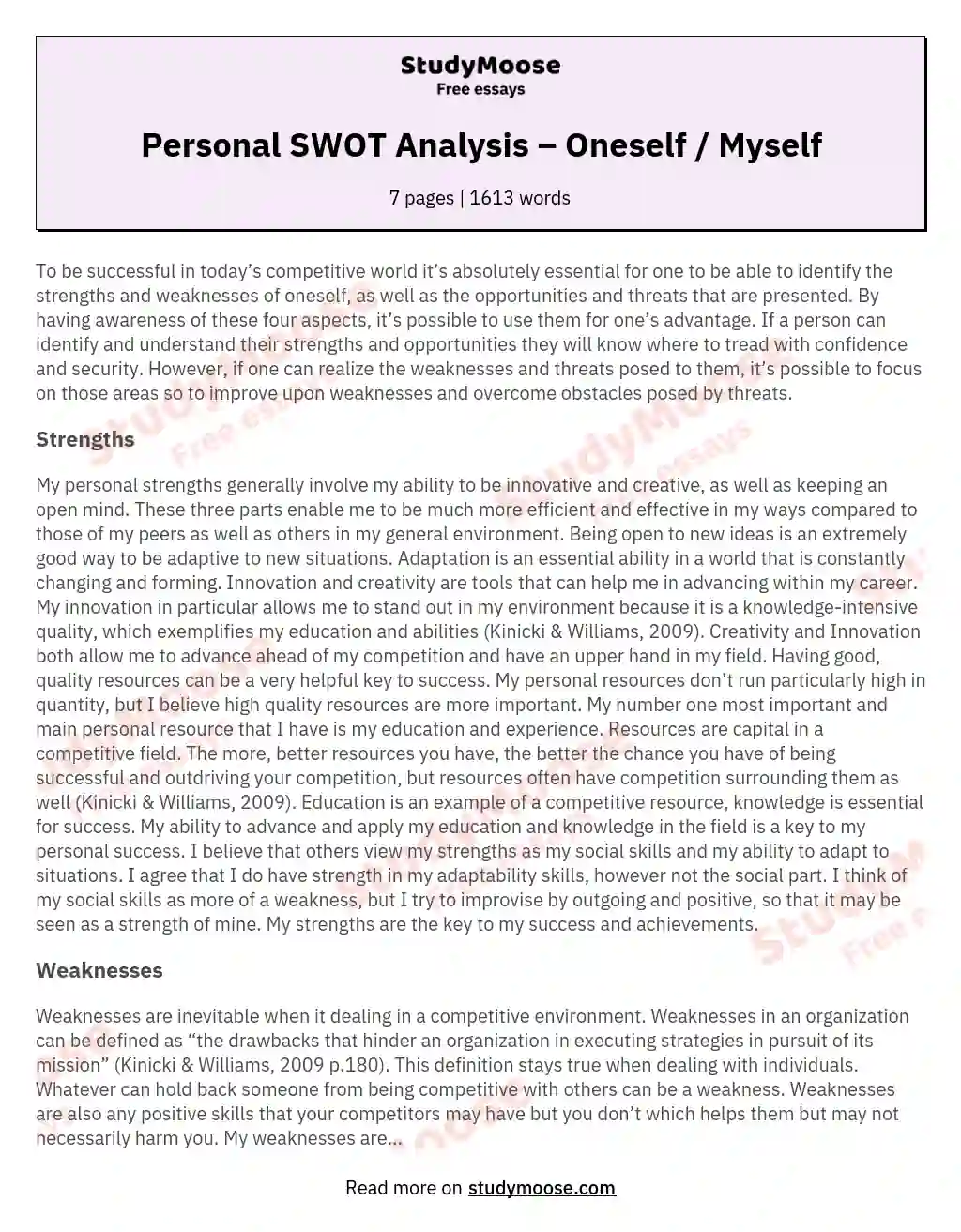 Personal SWOT Analysis Oneself Myself Free Essay Example