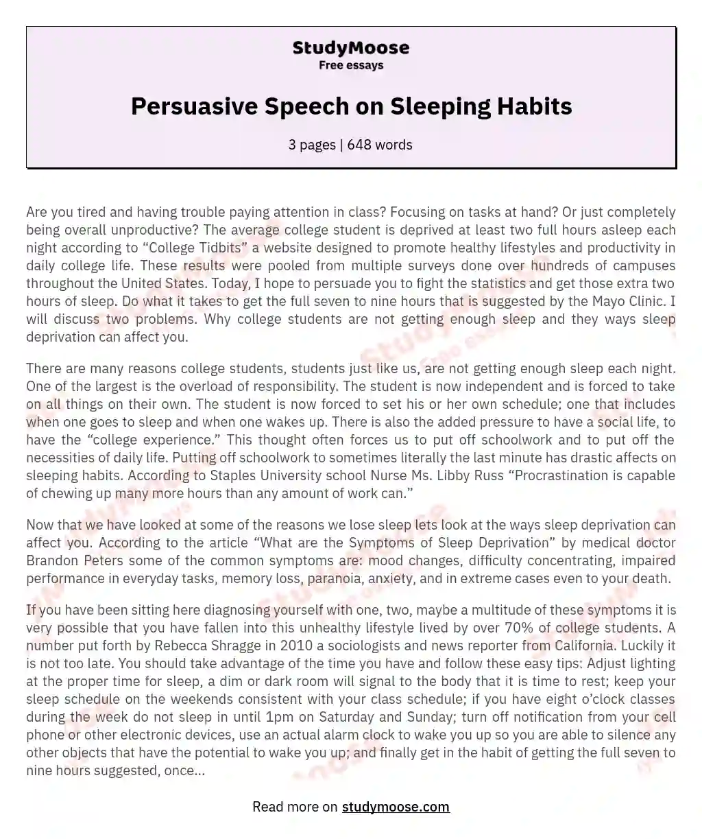 Persuasive Speech On Sleeping Habits Free Essay Example