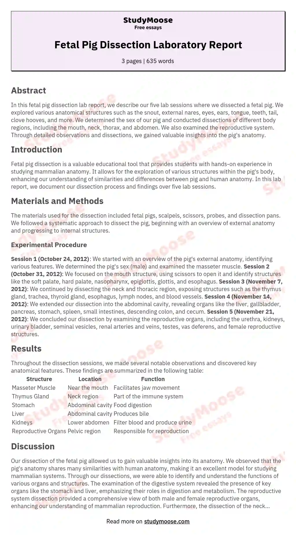 Pig Dissection Lab Report Free Essay Example