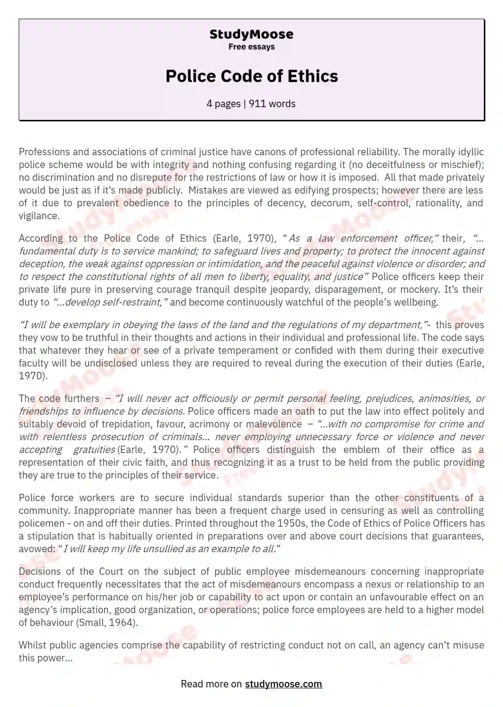 Police Code Of Ethics Free Essay Example