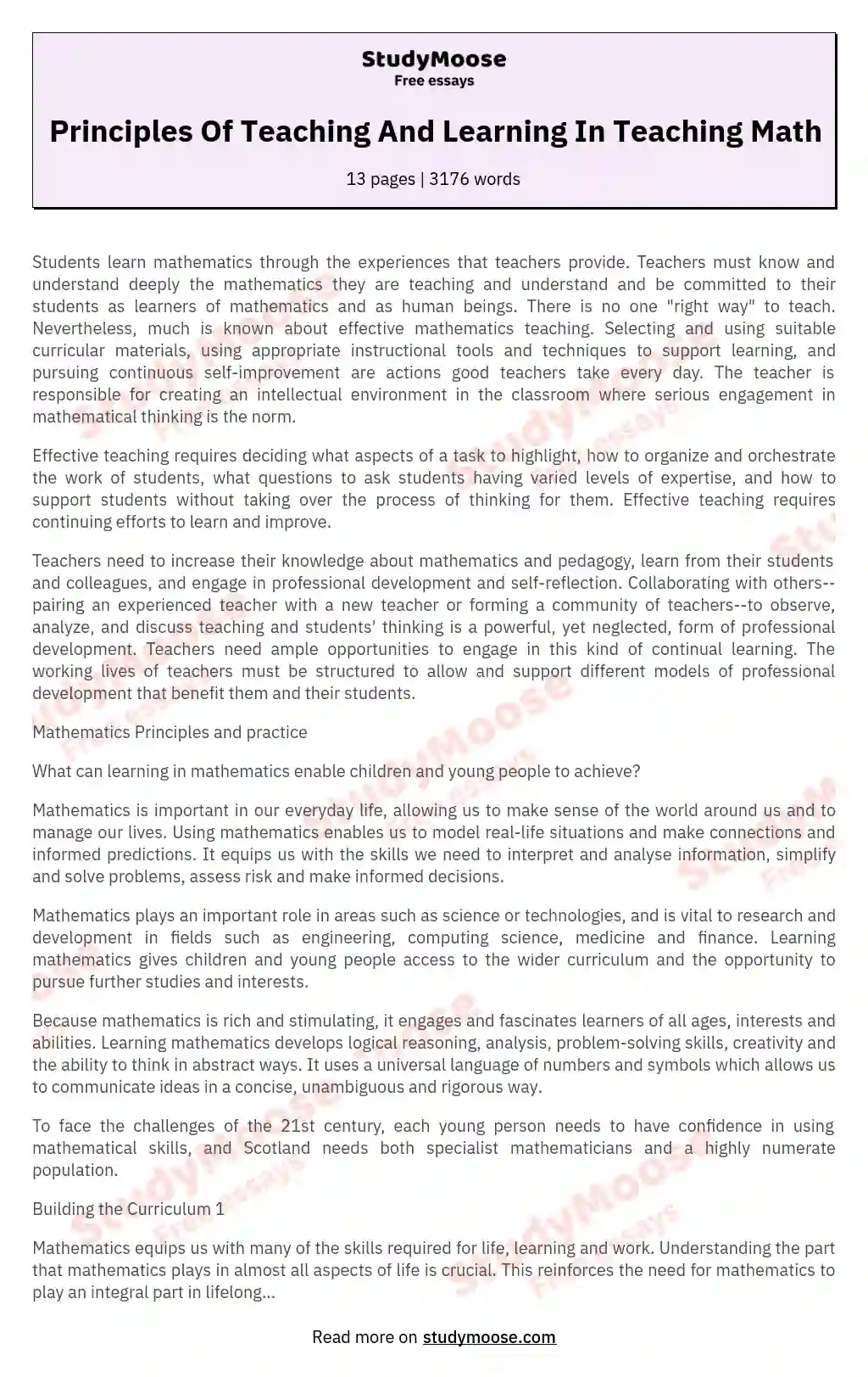 Principles Of Teaching And Learning In Teaching Math Free Essay Example