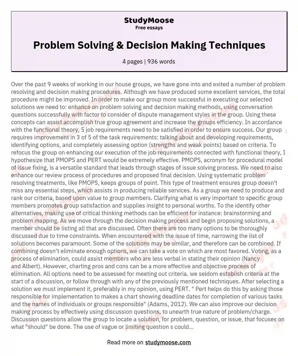 Problem Solving Decision Making Techniques Free Essay Example