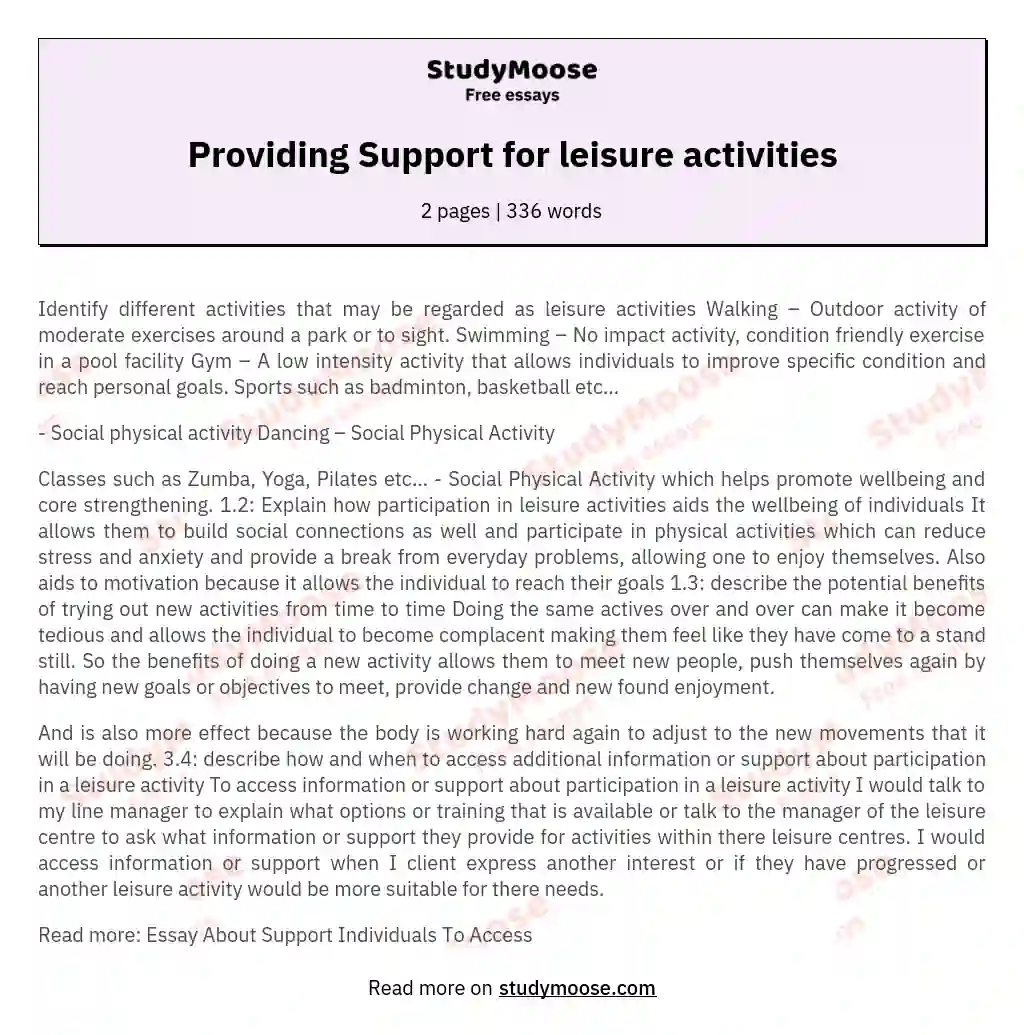 Providing Support For Leisure Activities Free Essay Example