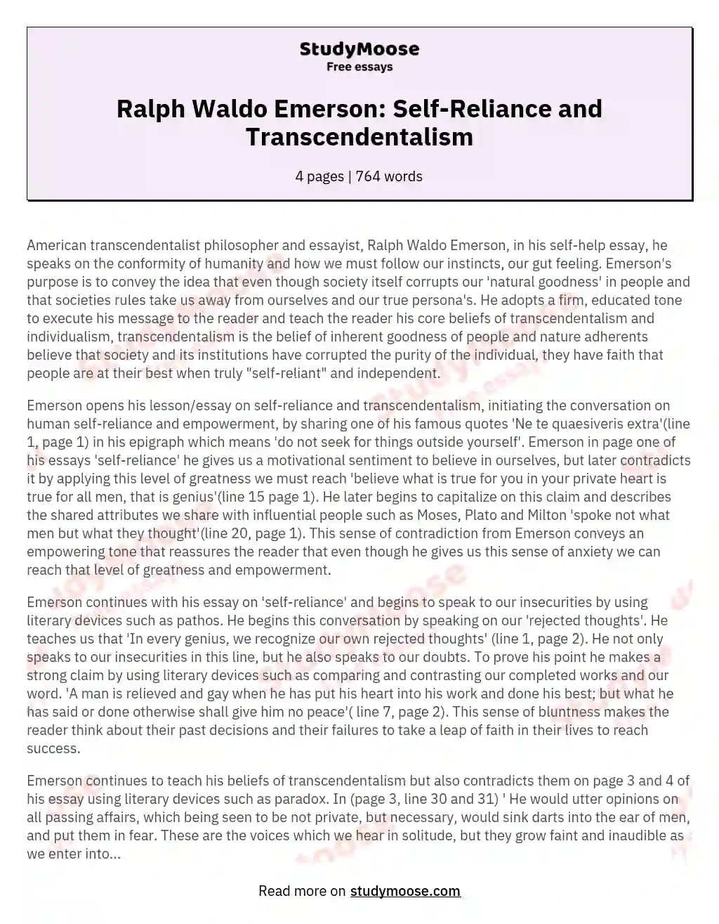 Ralph Waldo Emerson Self Reliance And Transcendentalism Free Essay Example