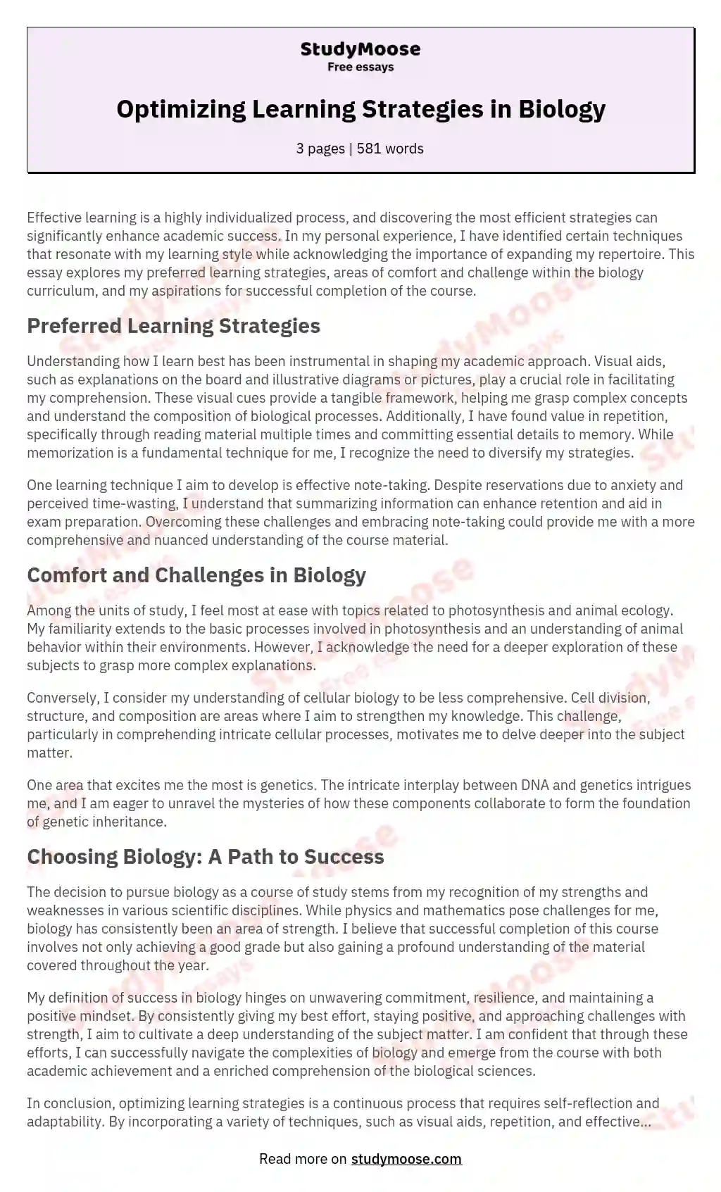 Optimizing Learning Strategies In Biology Free Essay Example