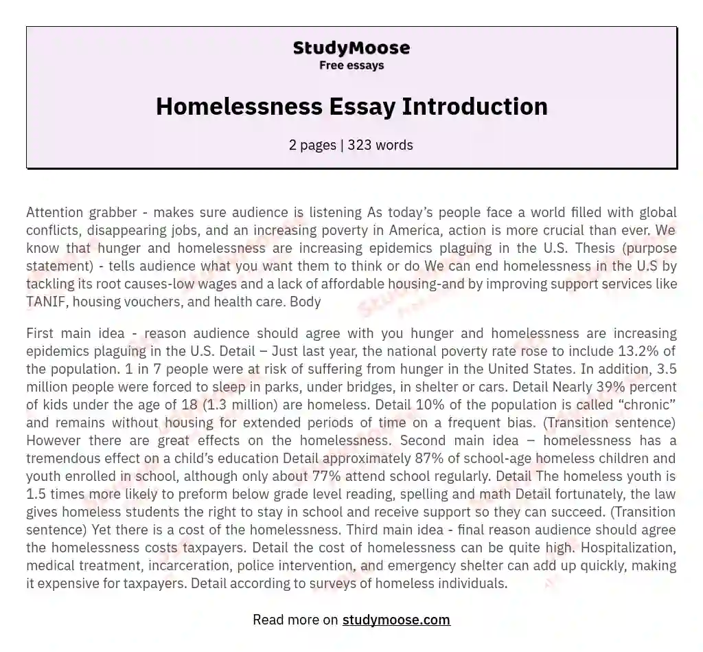 Homelessness Essay Introduction Free Essay Example