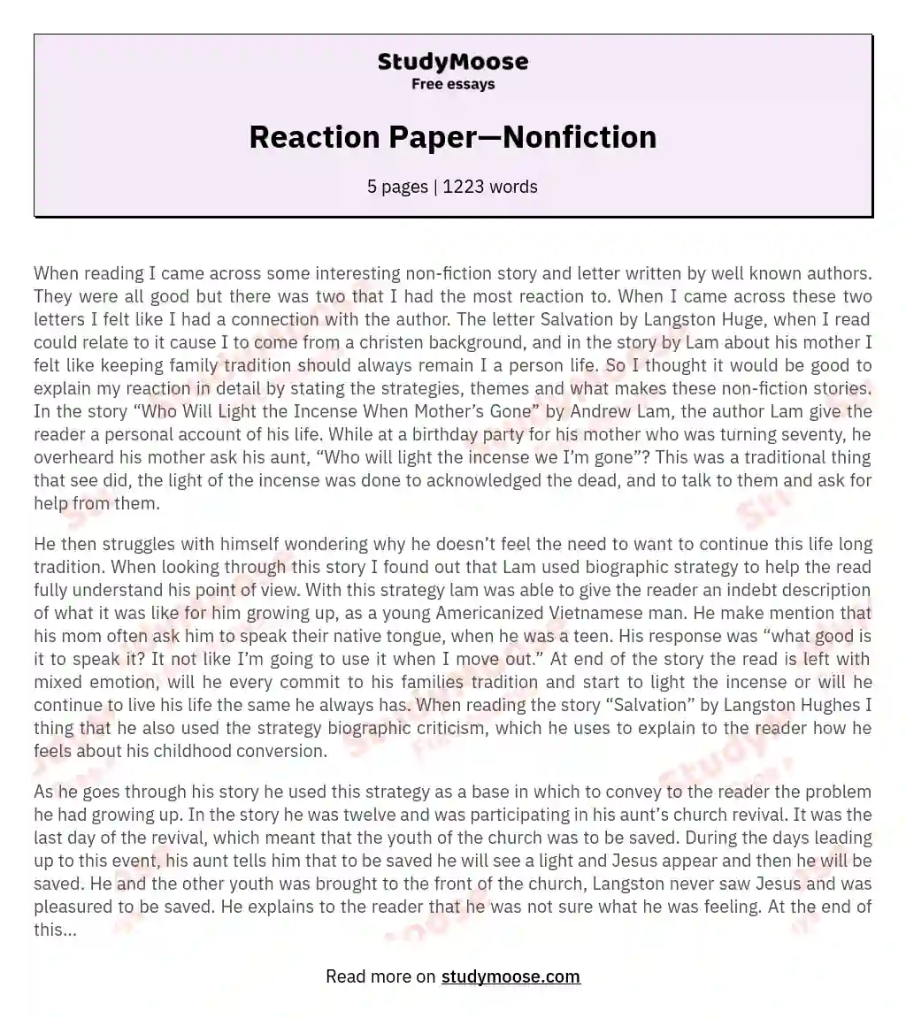 Reaction Paper Nonfiction Free Essay Example
