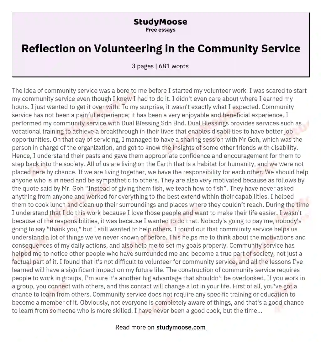Reflection On Volunteering In The Community Service Free Essay Example