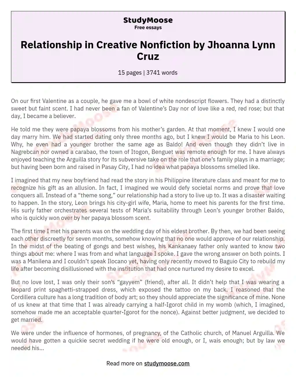 Relationship In Creative Nonfiction By Jhoanna Lynn Cruz Free Essay Example