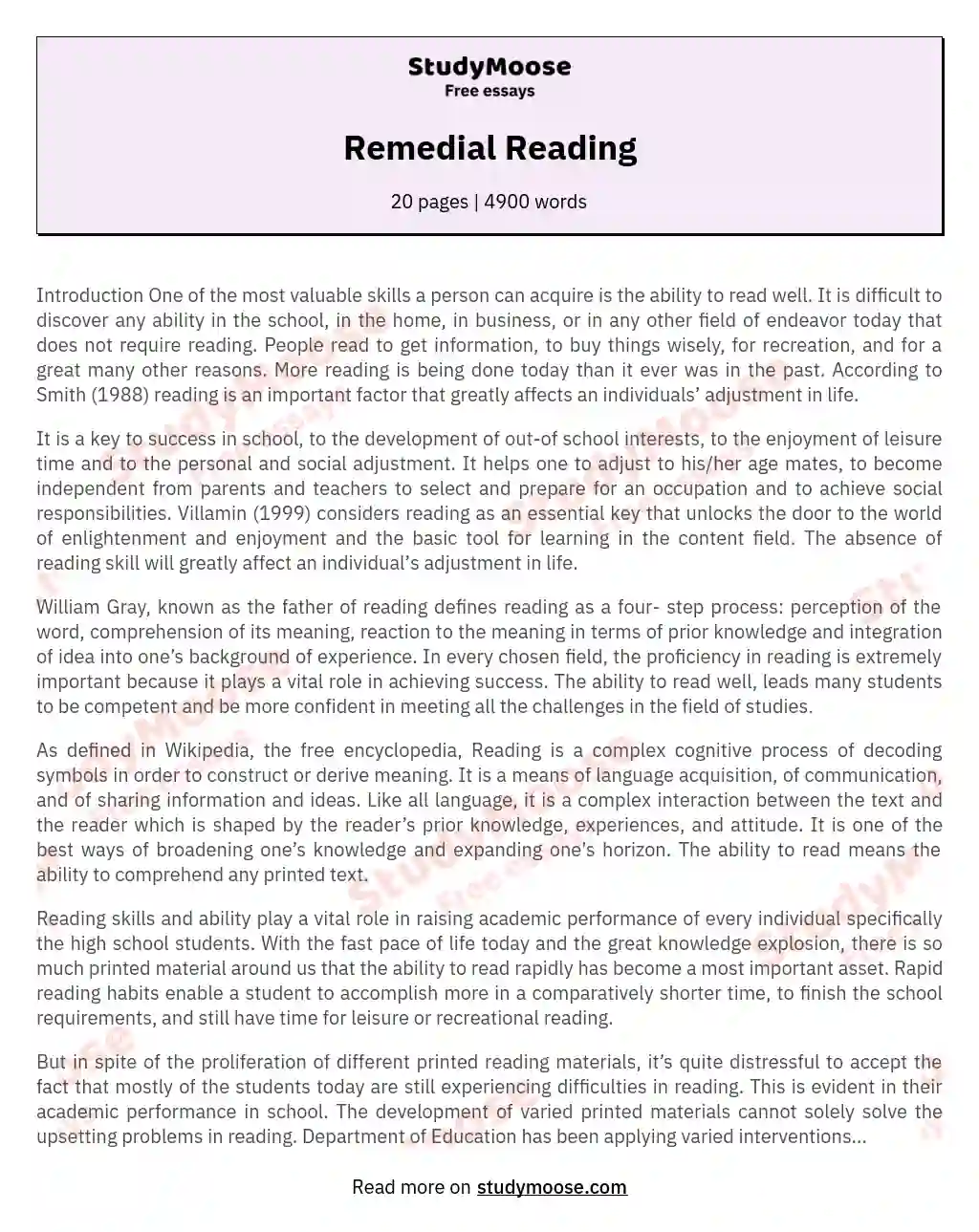 Remedial Reading Free Essay Example