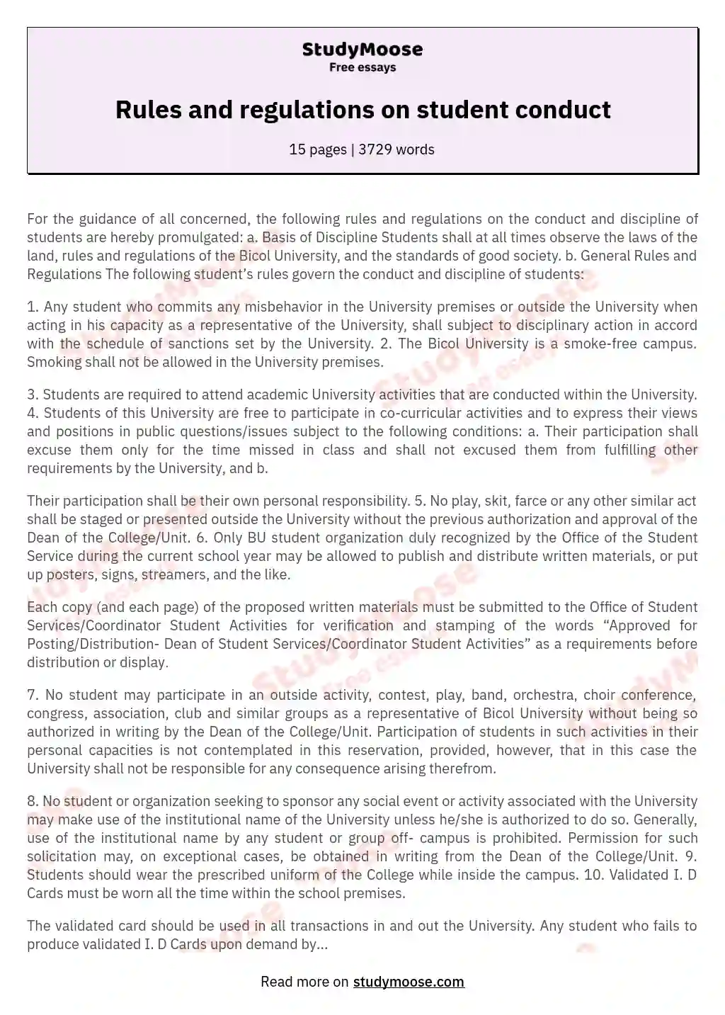 Rules And Regulations On Student Conduct Free Essay Example