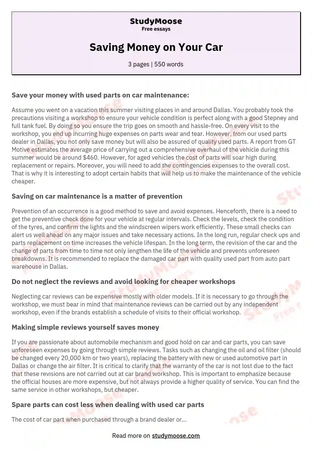 Saving Money On Your Car Free Essay Example
