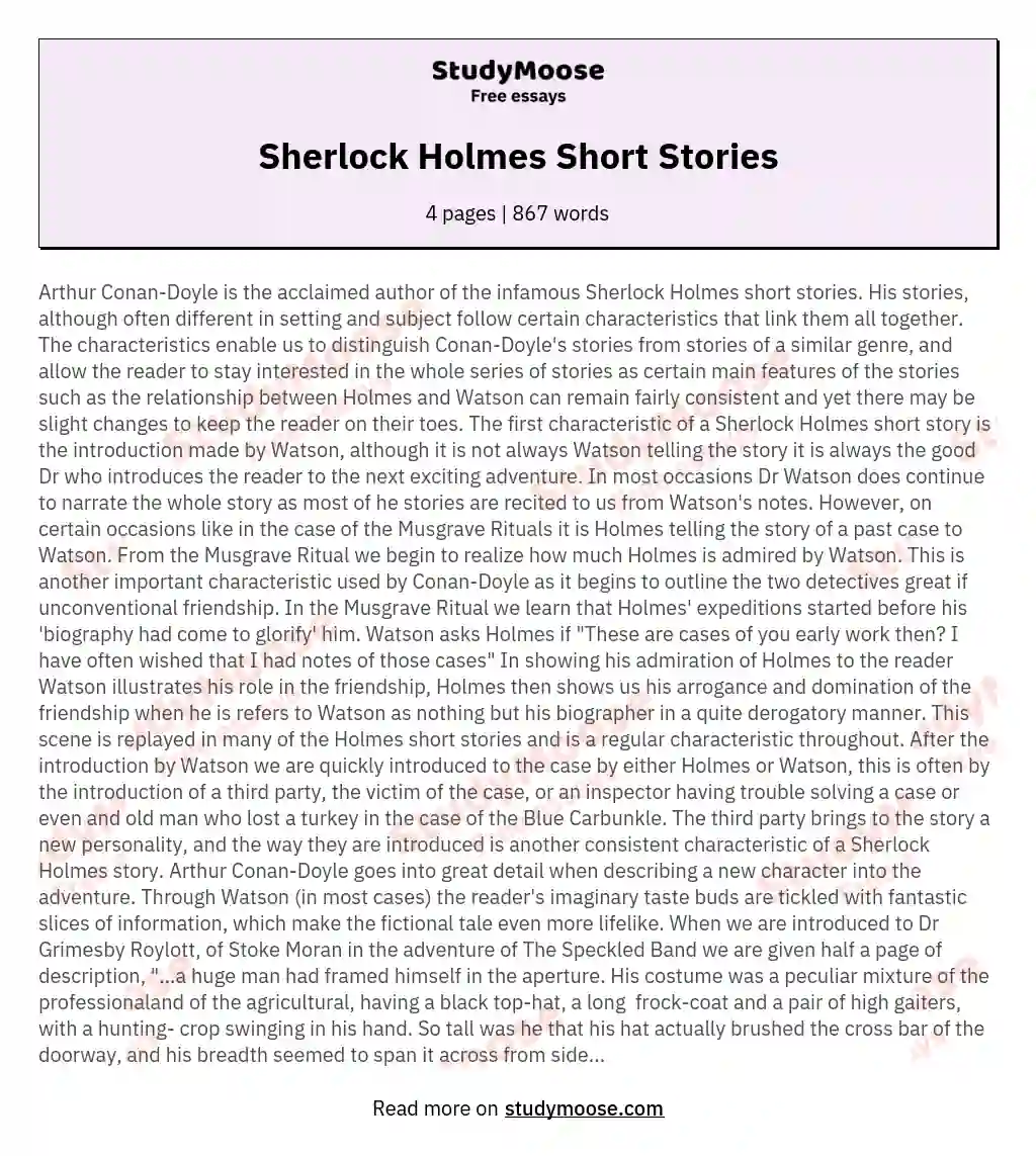 Sherlock Holmes Short Stories Free Essay Example