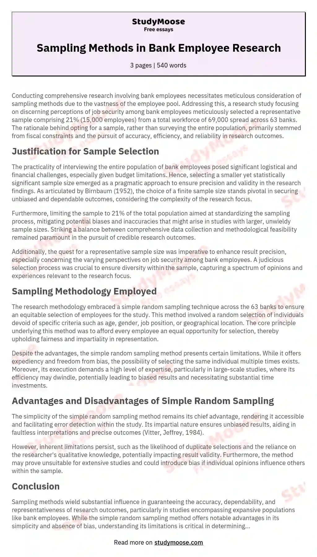 Simple Random Sampling Method Free Essay Example