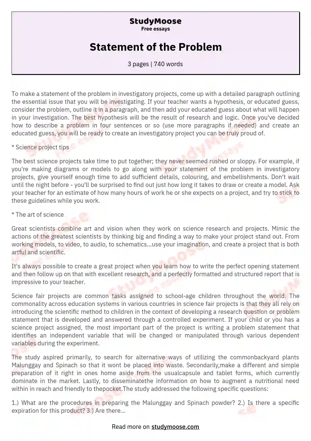 Statement Of The Problem Free Essay Example