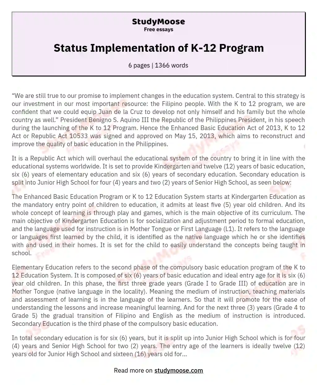 Status Implementation Of K 12 Program Free Essay Example