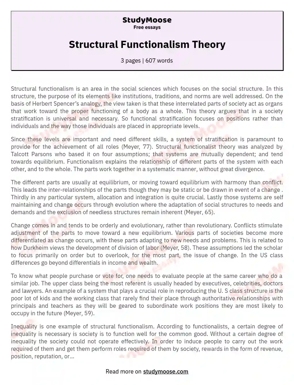 Structural Functionalism Theory Free Essay Example