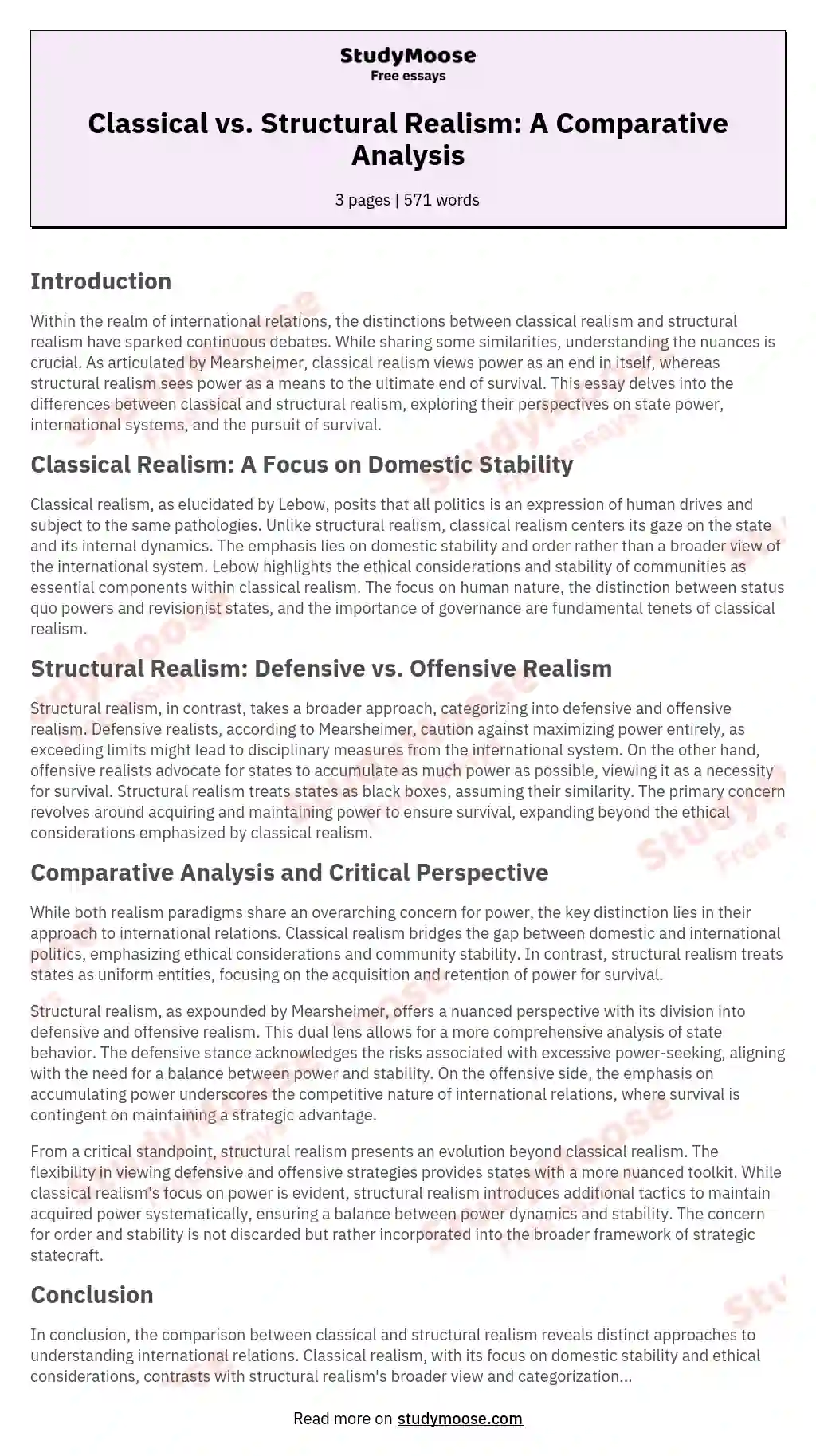 Structural Realism Vs Classical Realism Free Comparison Essay