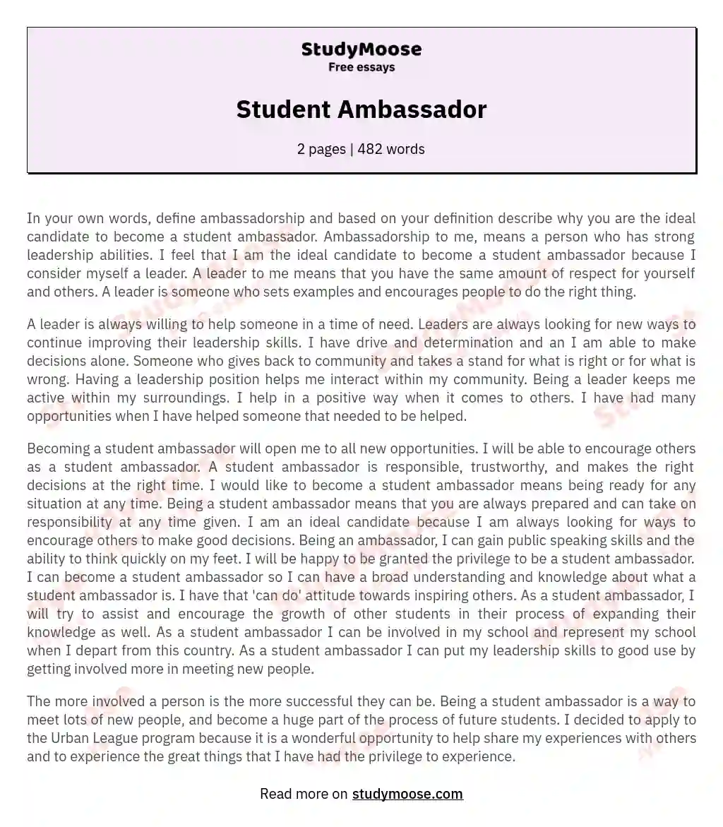 Student Ambassador Free Essay Example