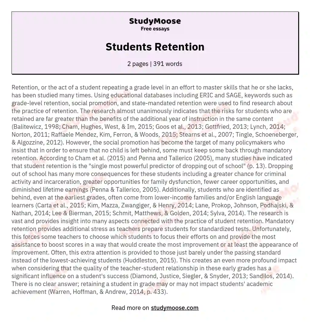 Students Retention Free Essay Example
