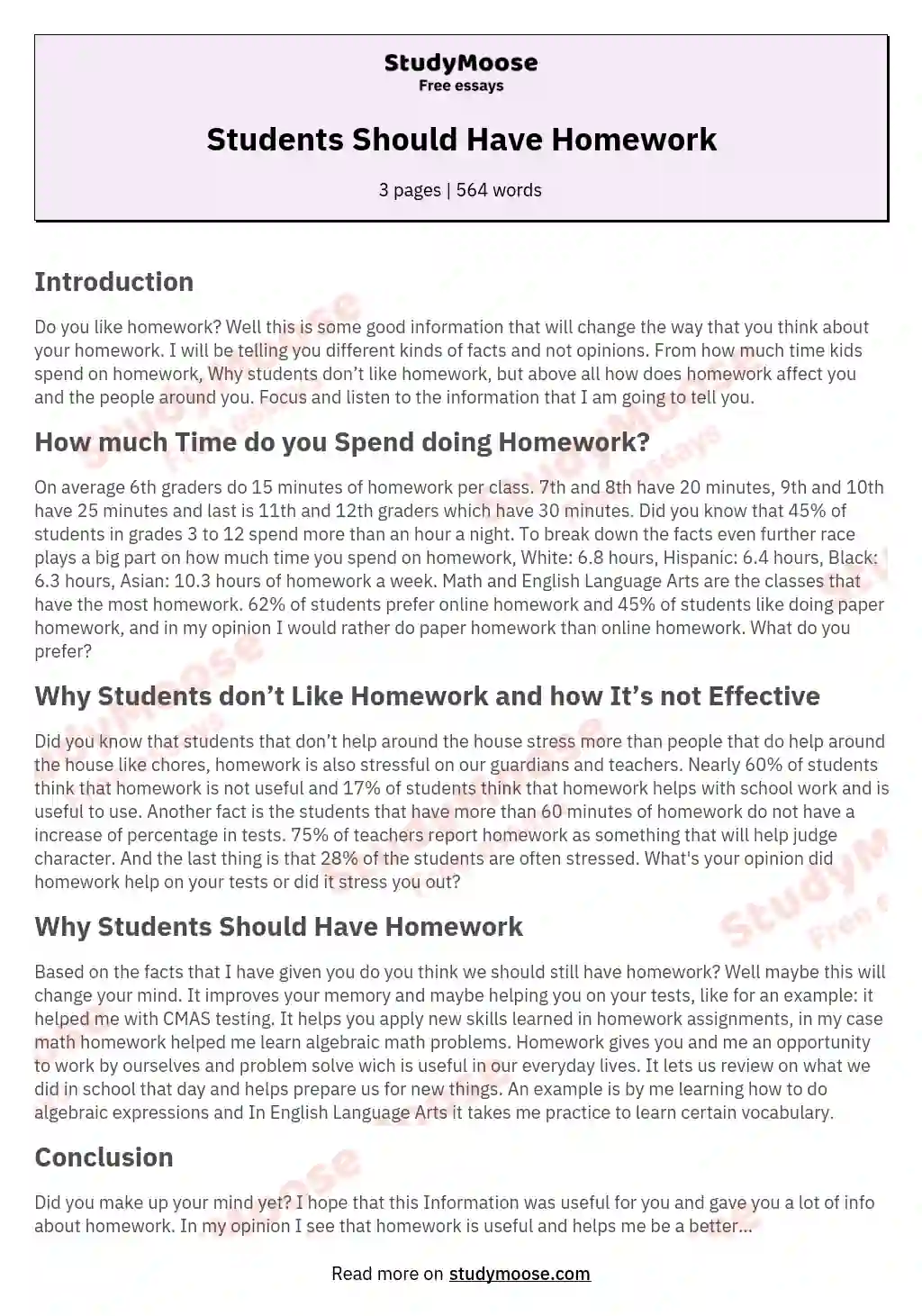 Students Should Have Homework Free Essay Example