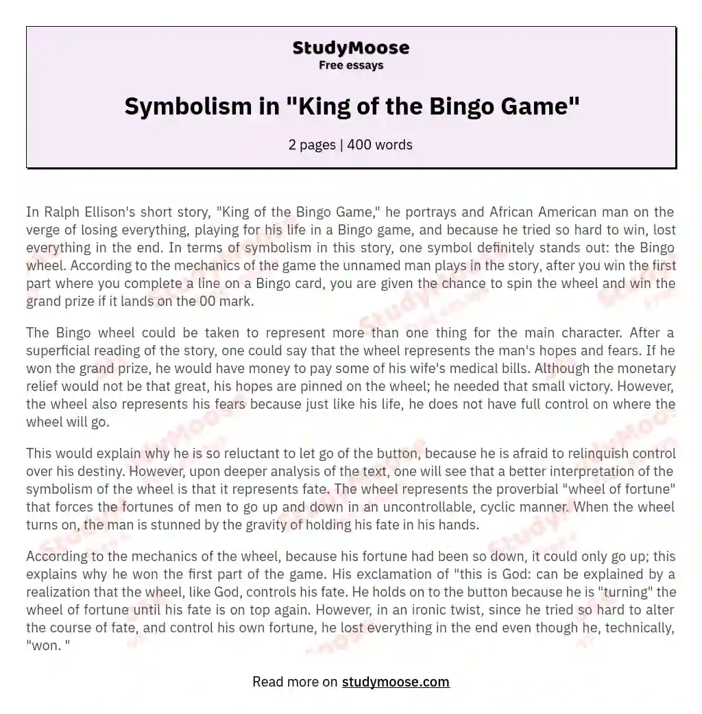 Symbolism In King Of The Bingo Game Free Essay Example
