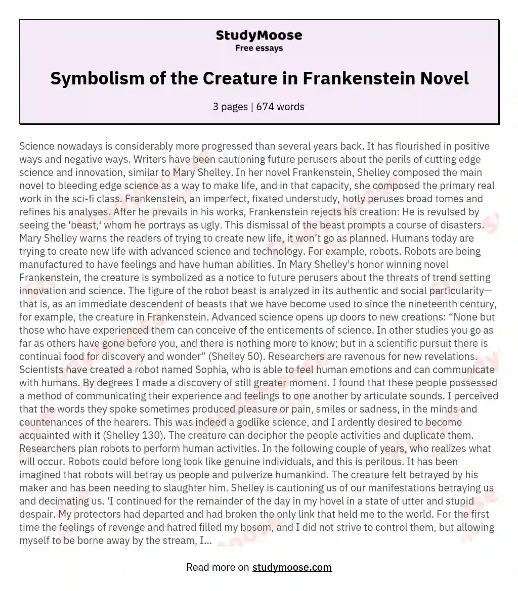 Symbolism Of The Creature In Frankenstein Novel Free Essay Example