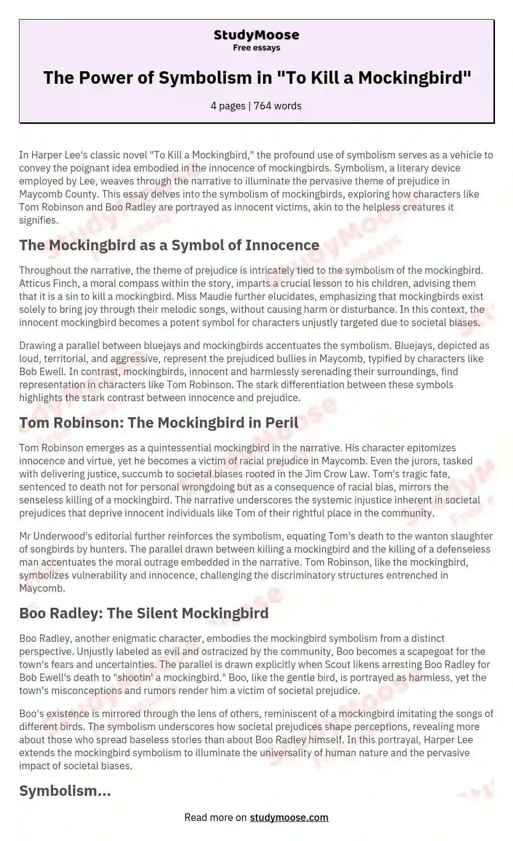 The Power Of Symbolism In To Kill A Mockingbird Free Essay Example