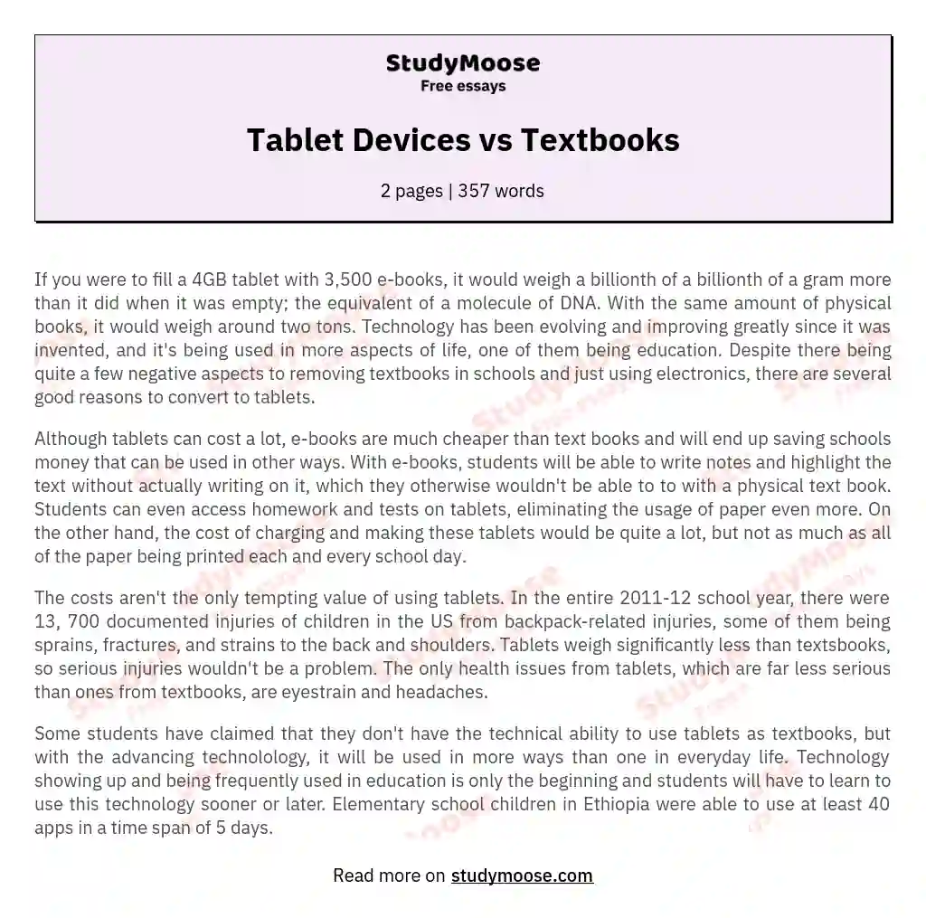 Tablet Devices Vs Textbooks Free Comparison Essay Example Compare