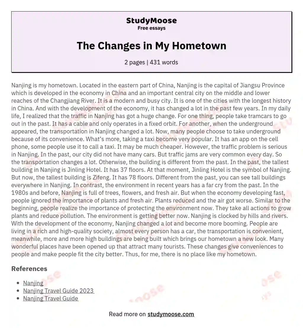 The Changes In My Hometown Free Essay Example