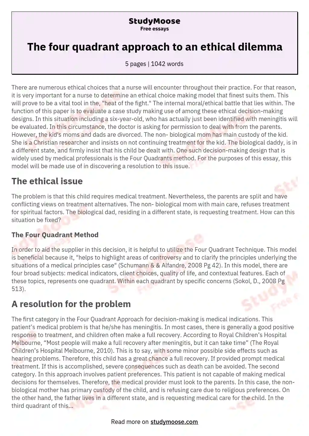 The Four Quadrant Approach To An Ethical Dilemma Free Essay Example