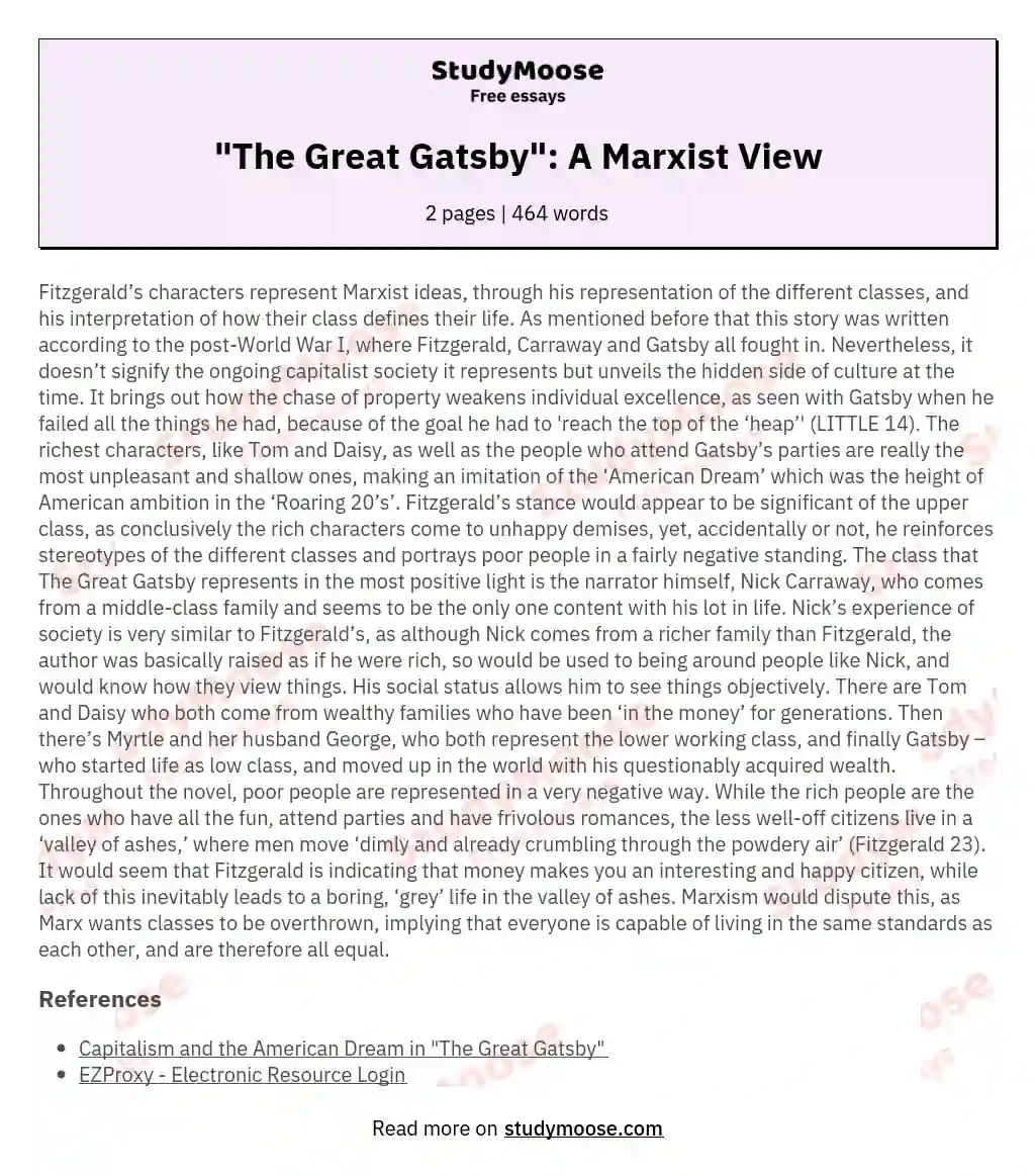  The Great Gatsby A Marxist View Free Essay Example