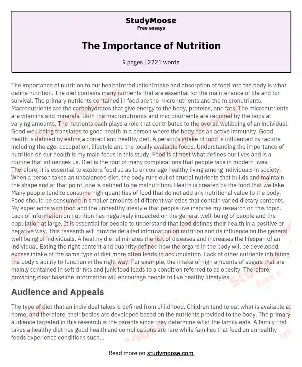 The Importance Of Nutrition Free Essay Example