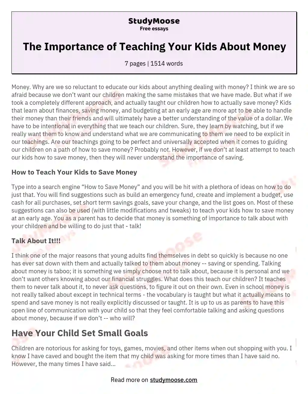 The Importance Of Teaching Your Kids About Money Free Essay Example