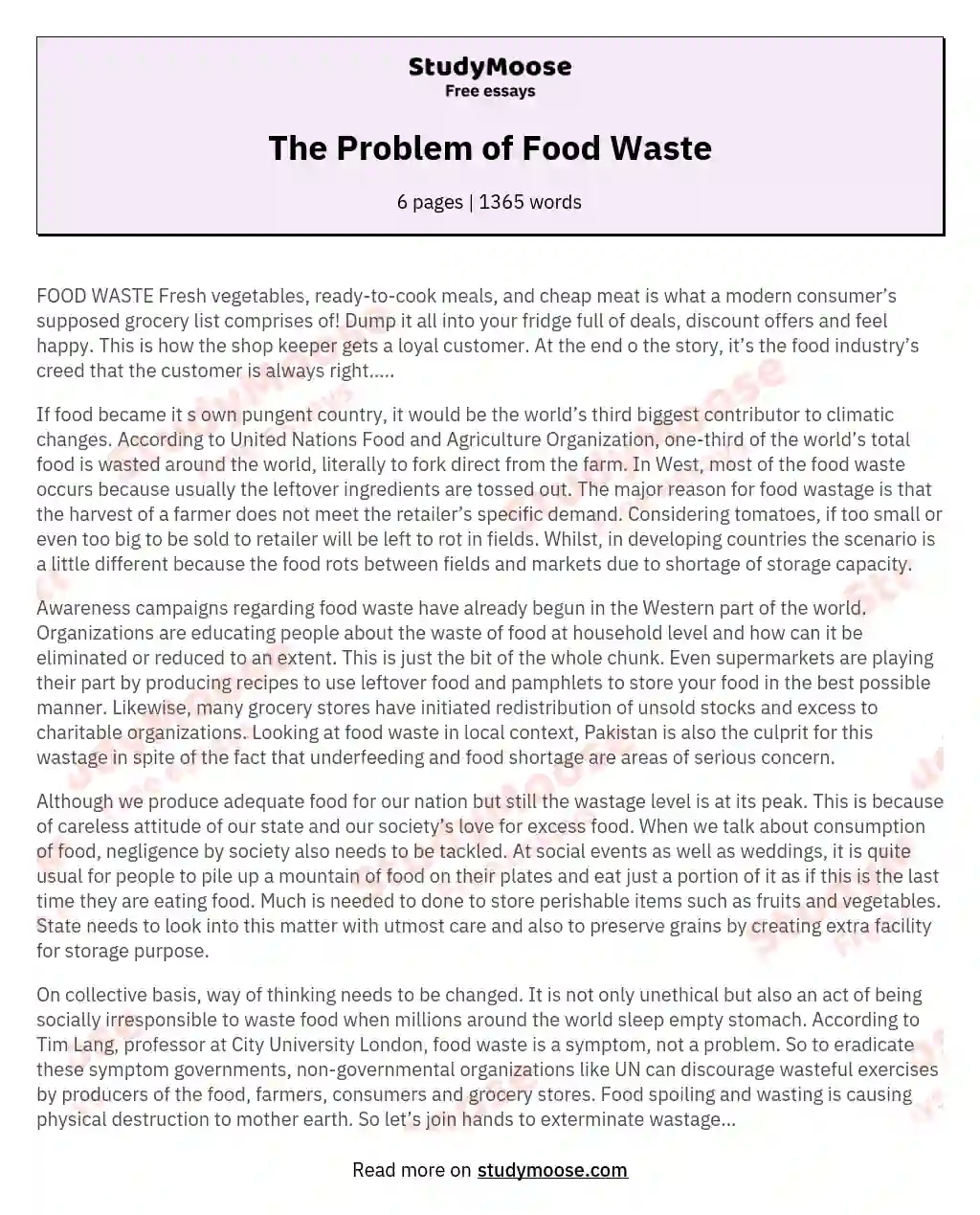 The Problem Of Food Waste An Argumentative Essay Example
