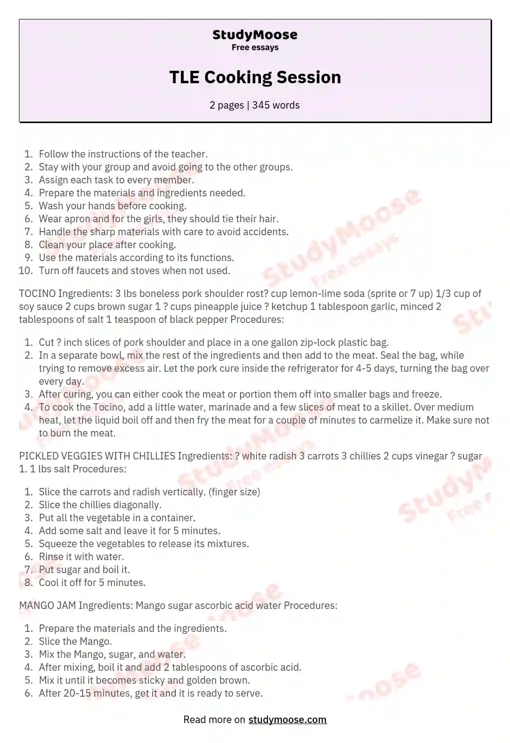 TLE Cooking Session Free Essay Example
