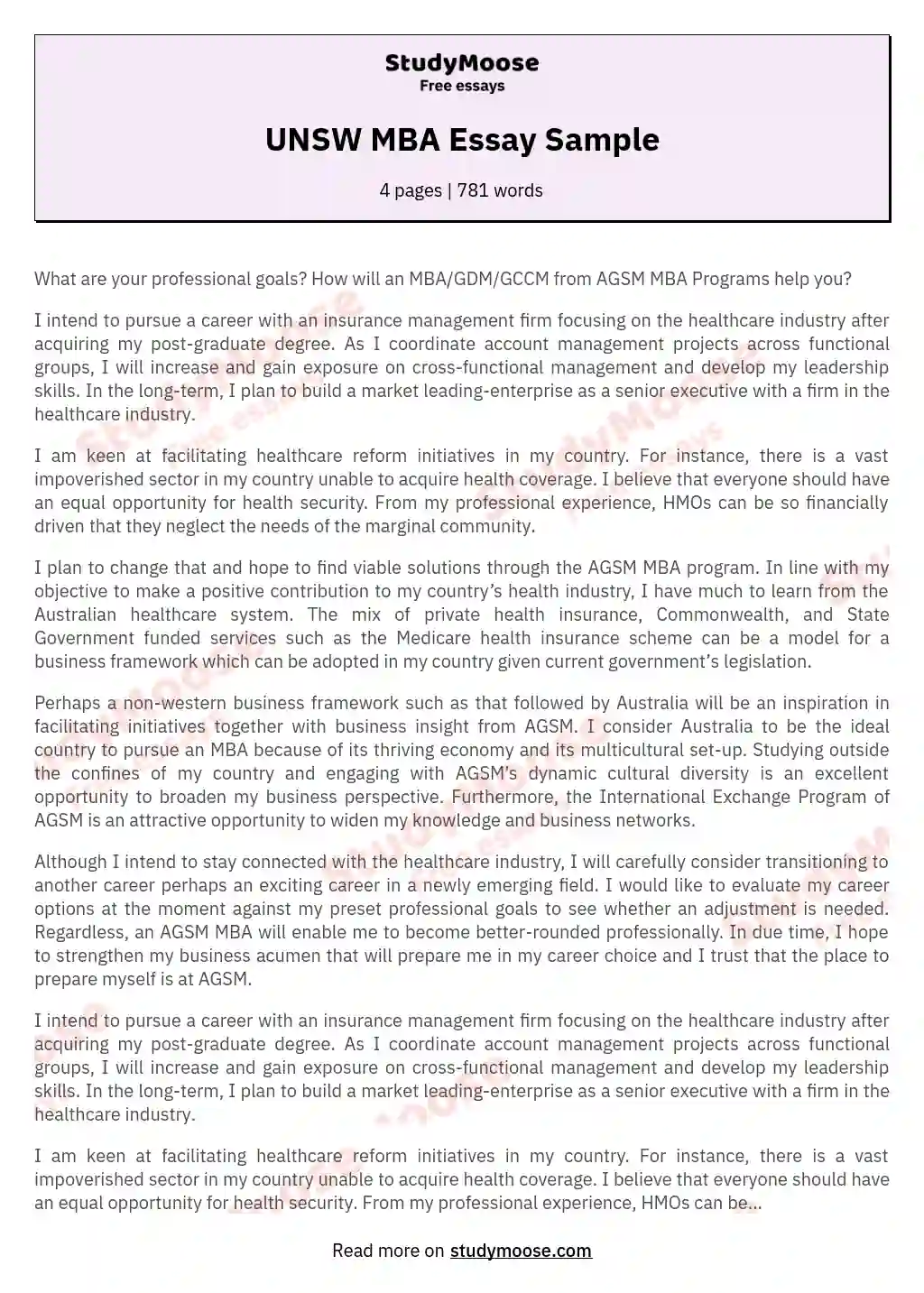 UNSW MBA Essay Sample Free Essay Sample
