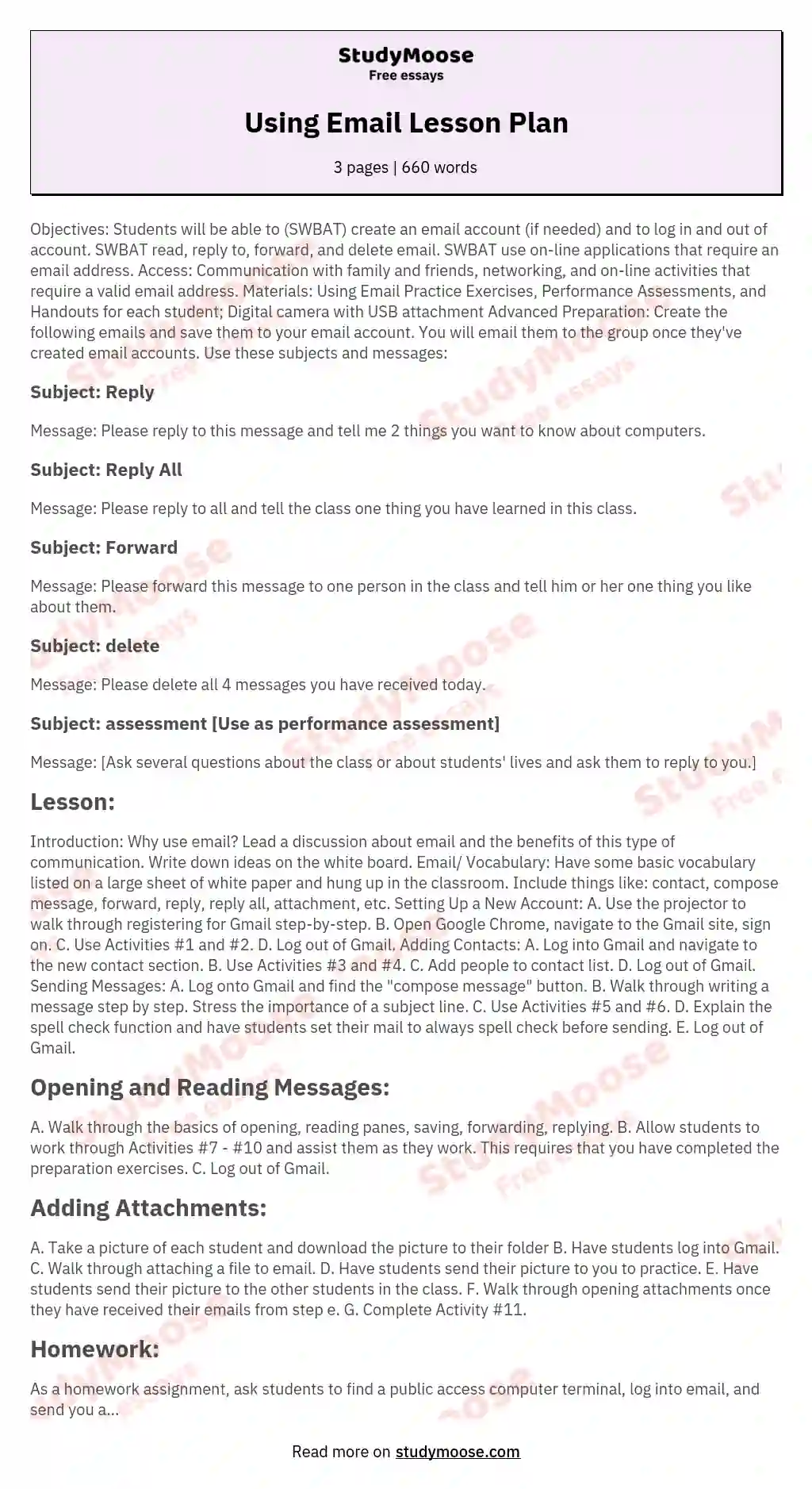 Using Email Lesson Plan Free Essay Example