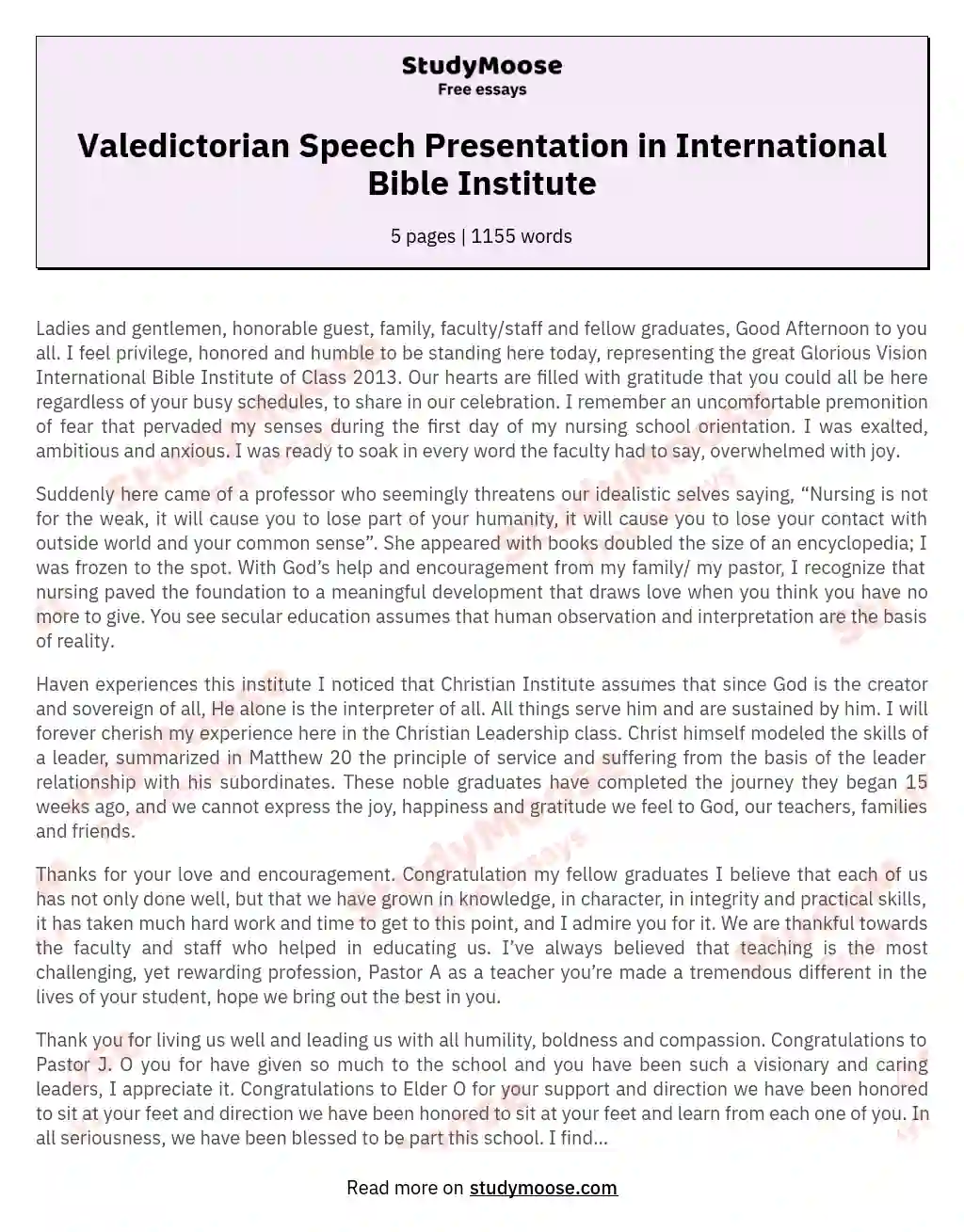 Valedictorian Speech Presentation In International Bible Institute Free Essay Example