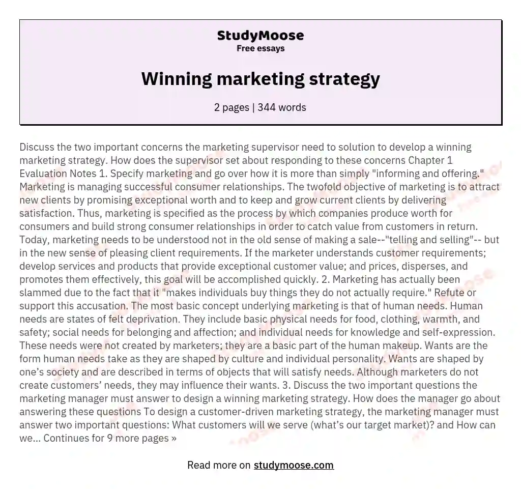 Winning Marketing Strategy Free Essay Example