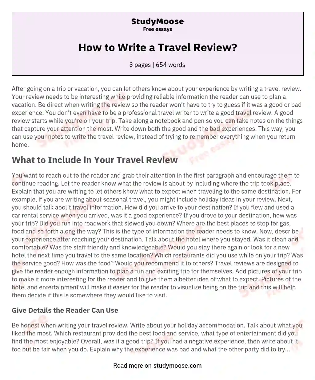 How To Write A Travel Review Free Essay Example